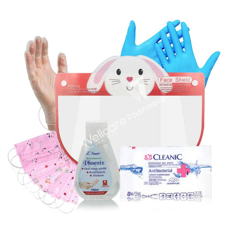 CHILD PROTECTIVE KIT FOR GIRLS MASK & SANITIZER & GLOVES & FACE SHEILD ...